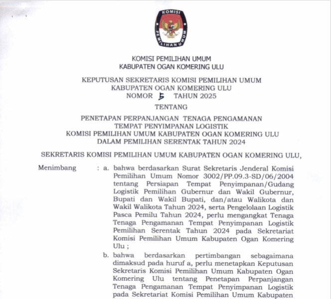 KPU KAB-OGANKOMERINGULU - Surat Keputusan Nomor 5 Tahun 2025